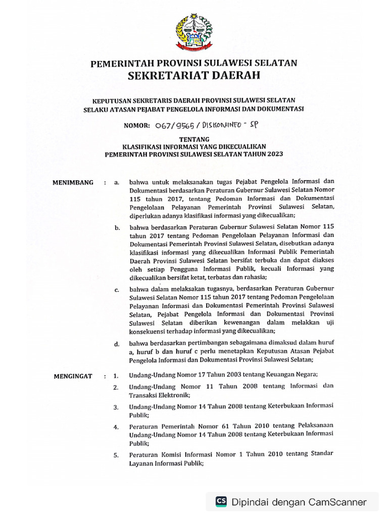 SK Daftar Informasi Yang Dikecualikan Pemprov Sulsel Tahun 2023 | PDF