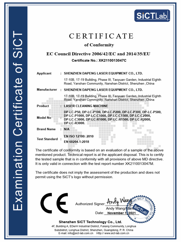DP Laser Cleaning Machine Ce-Md Cert | PDF | Technology & Engineering
