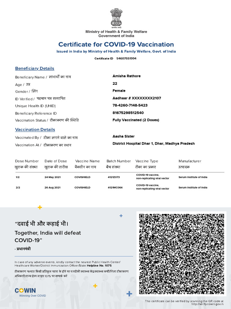 COVID-19 Vaccination Certificate India | PDF | Viral Respiratory Tract ...