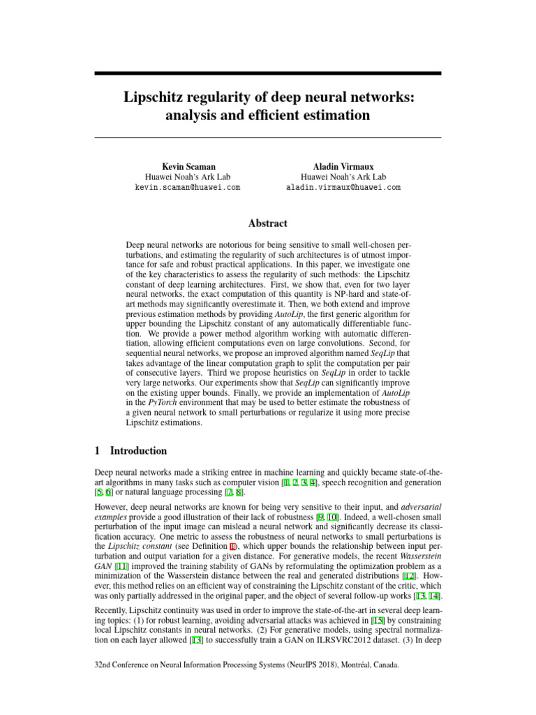 NeurIPS 2018 Lipschitz Regularity of Deep Neural Networks Analysis and Efficient Estimation ...