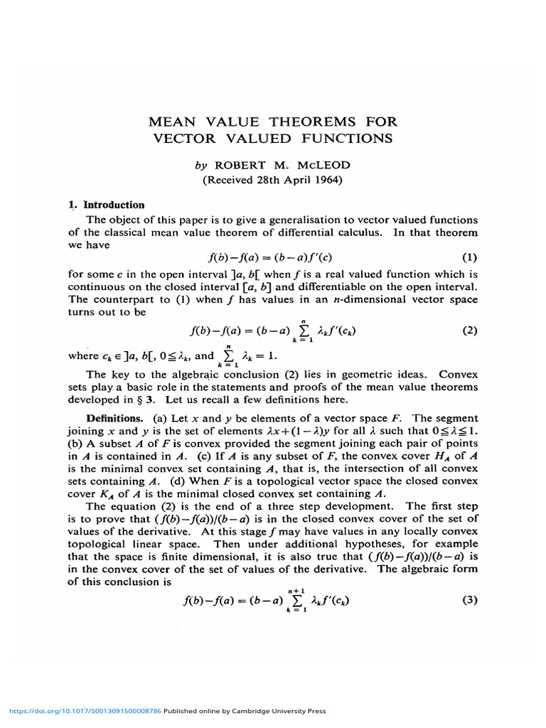 Mean Value Theorem for Vector Functions | PDF | Continuous Function ...