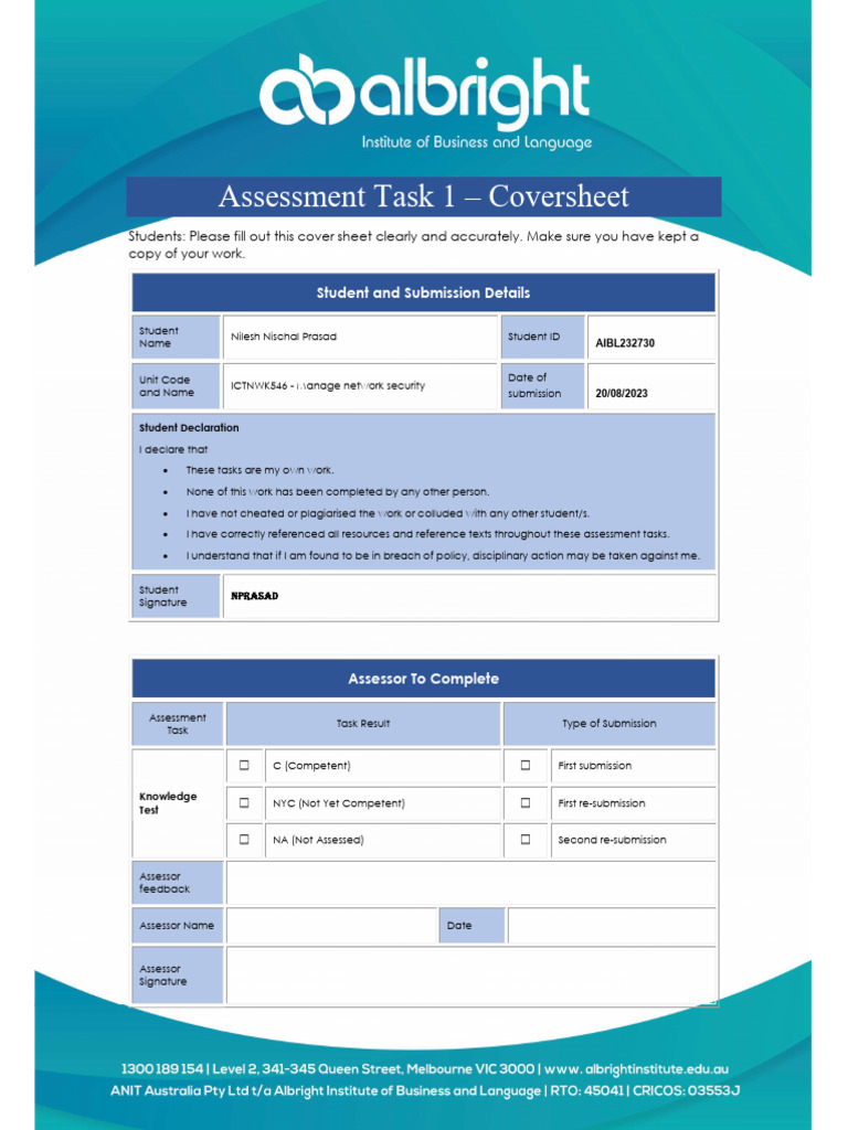 ICTNWK546 Assessment Task Cover Sheet | PDF | Security | Computer Security