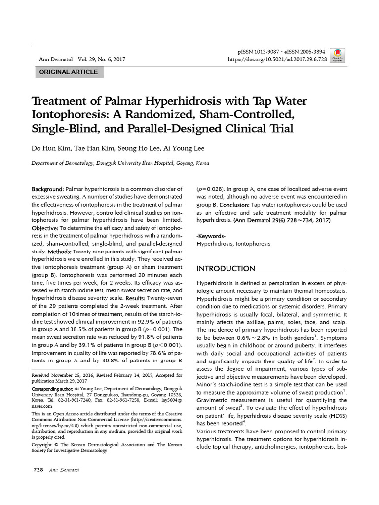 Treatment of Palmar Hyperhidrosis With Tap Water I | PDF