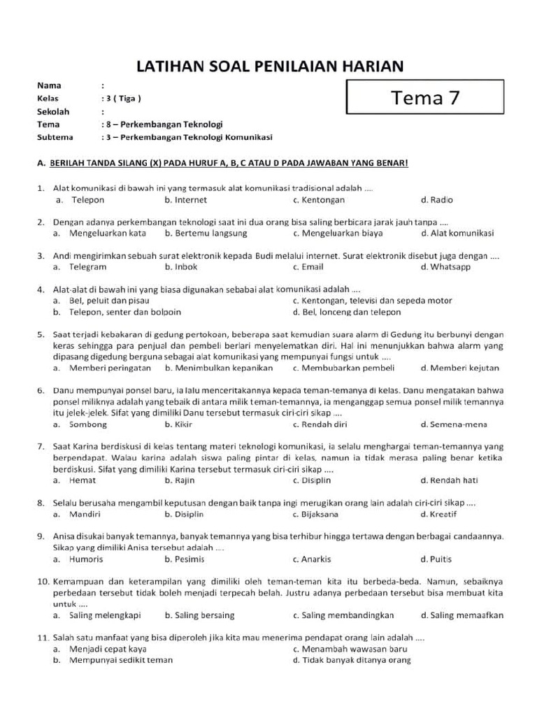 Kelas 3 - Soal Pat Tema 7 Subtema 3 4 | PDF