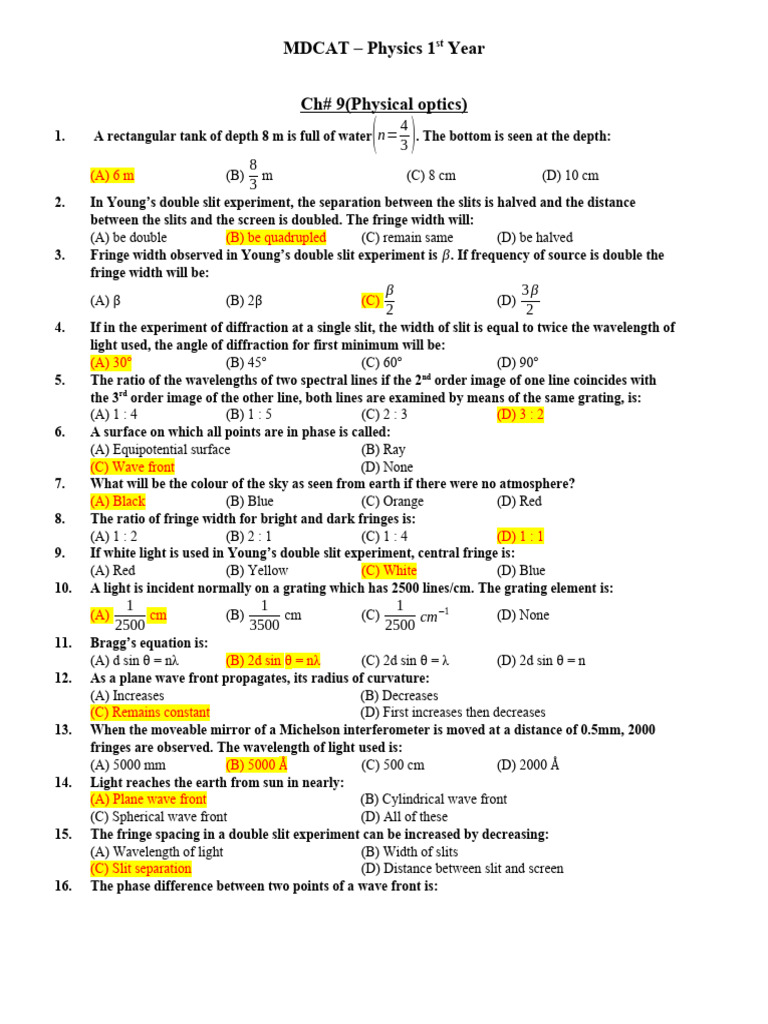 CH # 9 (Physical Optics) - Physics 11 (TC) | PDF | Diffraction | Wavelength