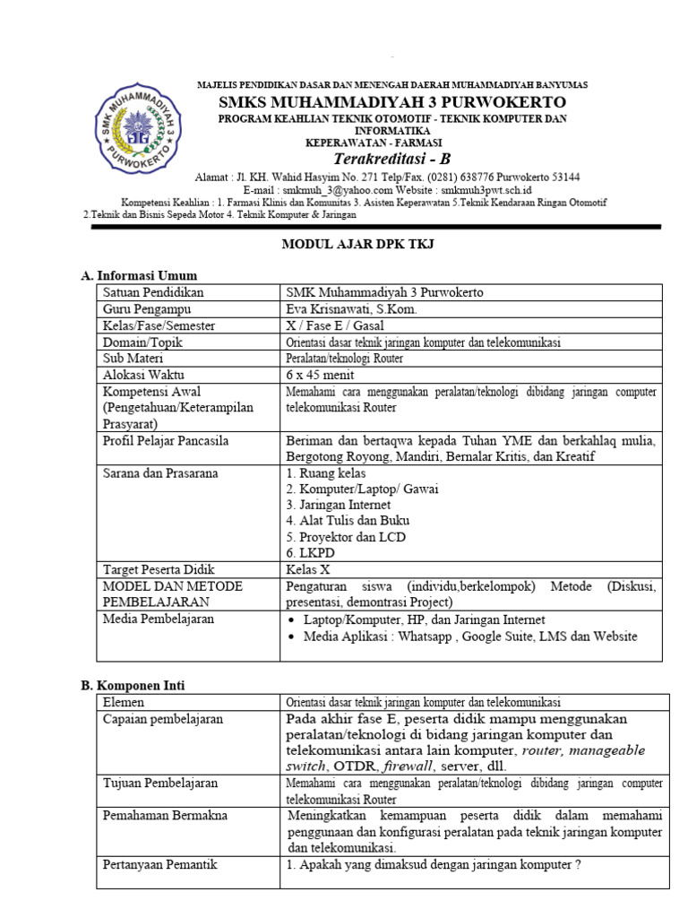 FORMAT MODUL AJAR BARU DPK TKJ 2024 (Eva Krisnawati) | PDF