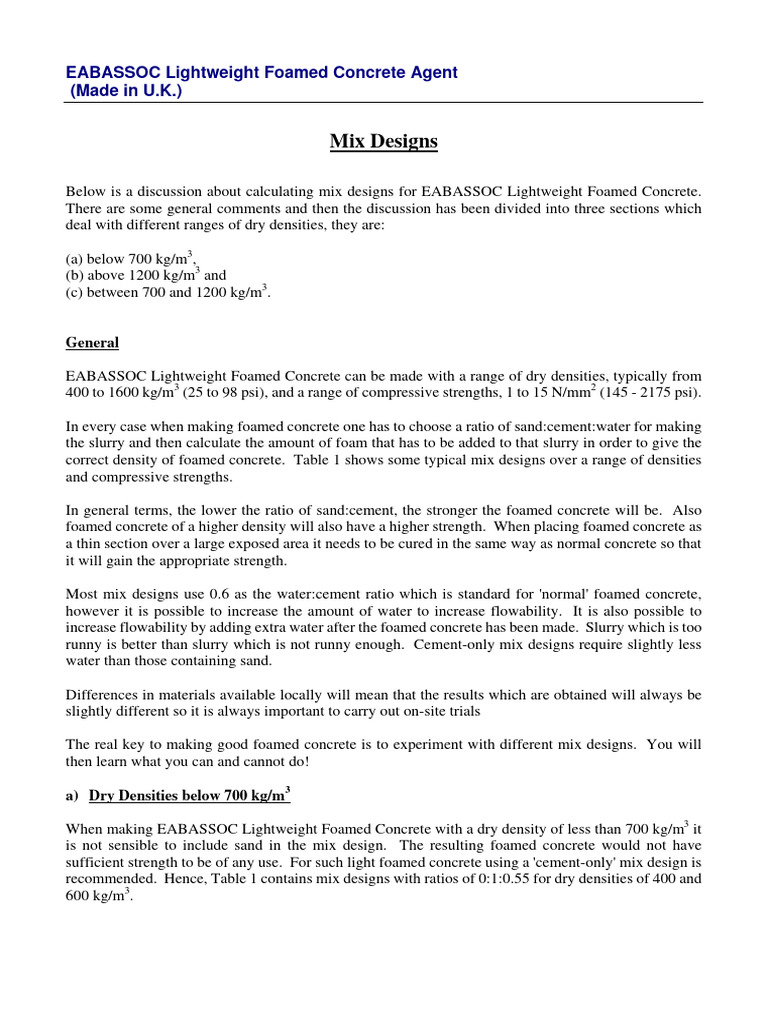 Foam Concrete EAB FC Mix Designs and Compressive Strength | Download ...