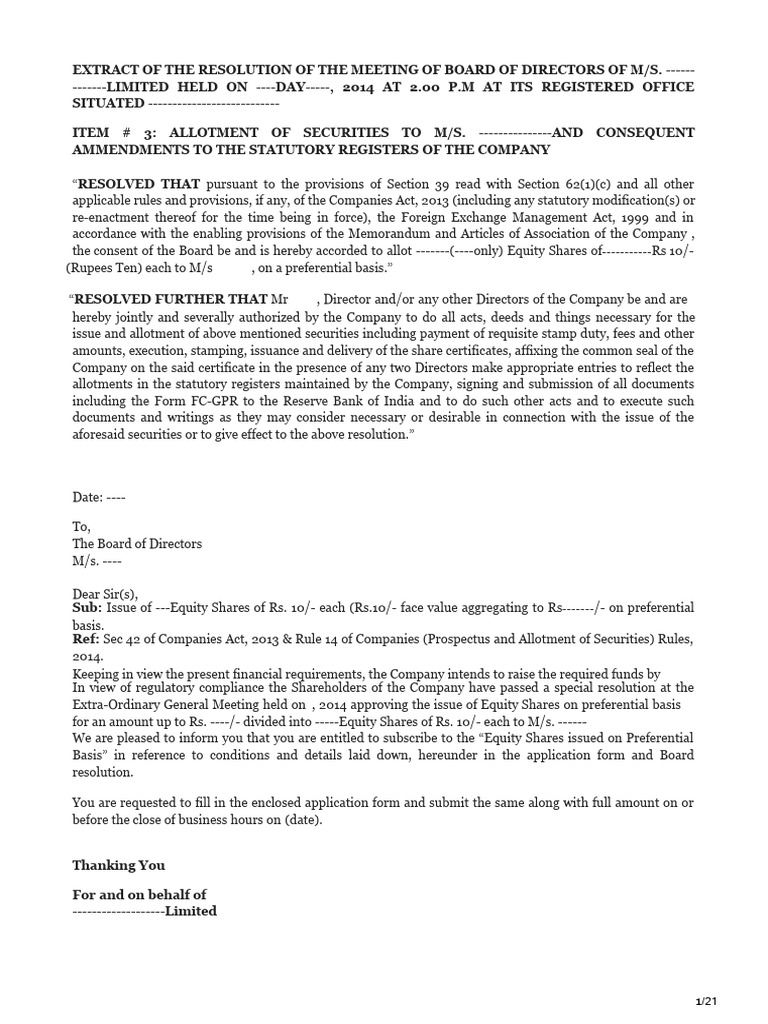 Extract of The Resolution of The Meeting of Board of Directors of M ...