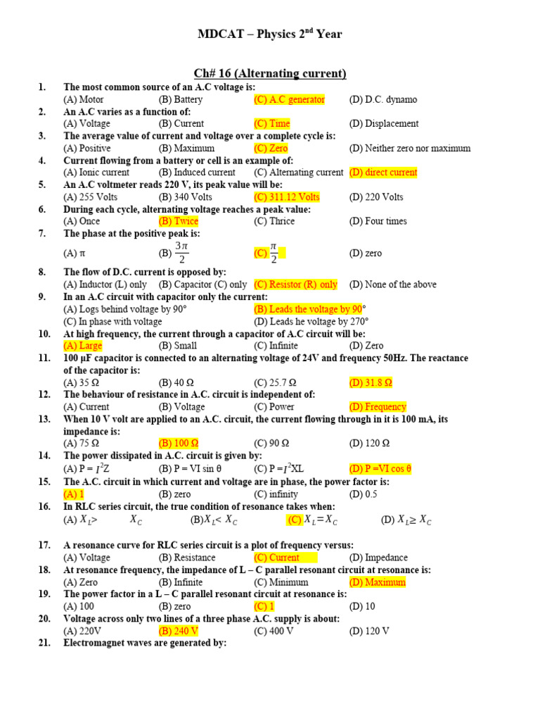 5. Ch # 16 (Alternating Current) - Physics 12 (TC) | PDF | Voltage ...