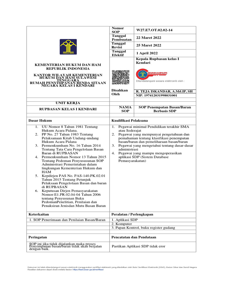 SOP Penempatan Basan Baran Berbasis SDP | PDF