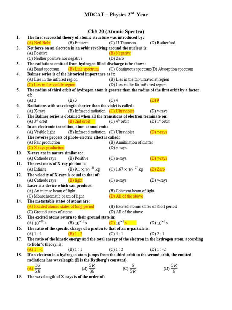 MDCAT Physics: Atomic Spectra MCQs | PDF | Atoms | Electron