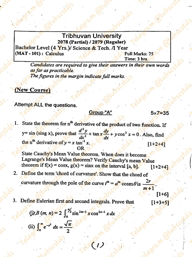 Calculus Paper 2079 (Regular) 2078 (Partial) | PDF