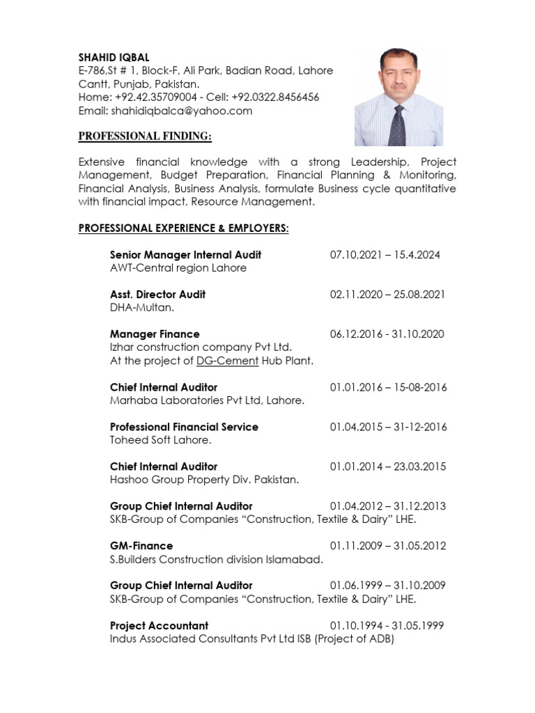 CV Shahid Iqbal 15.6.24 | PDF | Internal Audit | Accountant