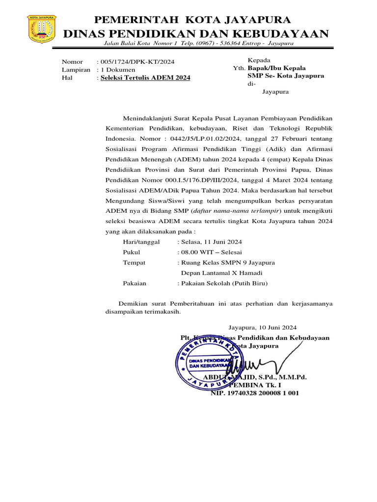 Undangan Seleksi ADEM 2024 | PDF