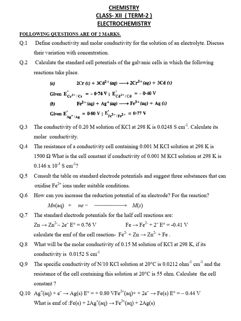 10-Class - XII (Electrochemistry) | PDF | Redox | Electrochemistry