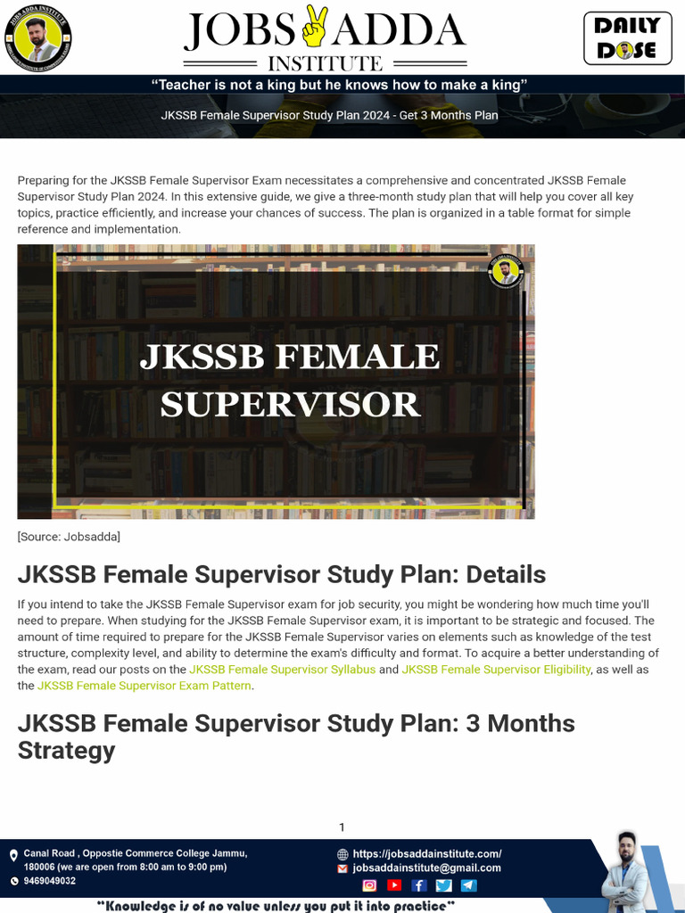 Notes PDF JKSSB Female Supervisor Study Plan 2024 Get 3 Months Plan | PDF