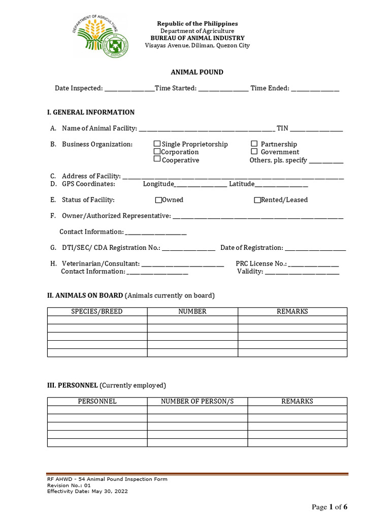 RF Ahwd 54 Animal Pound Inspection Form | PDF | Surgery | Anesthesia