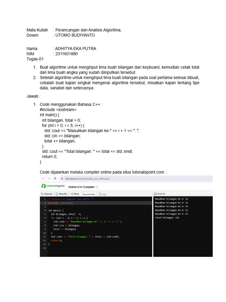 Algoritma Input & Total Bilangan C++ | PDF | Komputer | Teknologi & Rekayasa