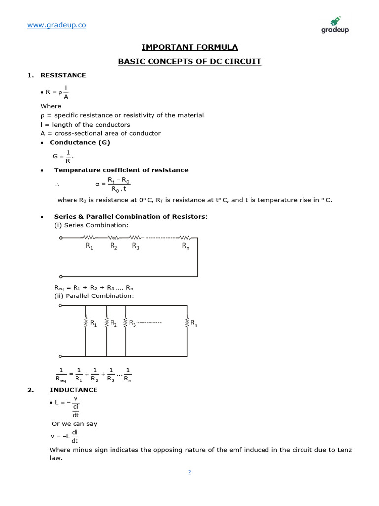 Important Formulas - Basic Concepts of DC Circuit | PDF | Electrical ...