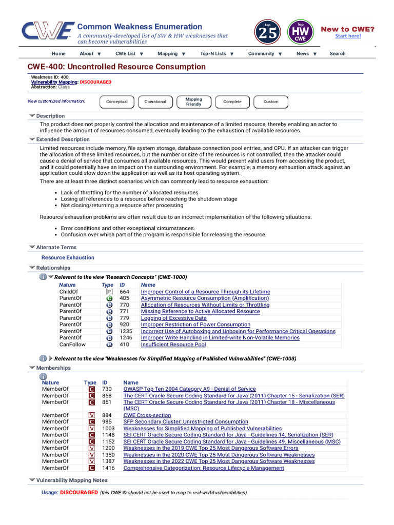 CWE - CWE-400 - Uncontrolled Resource Consumption (4.14) | PDF ...