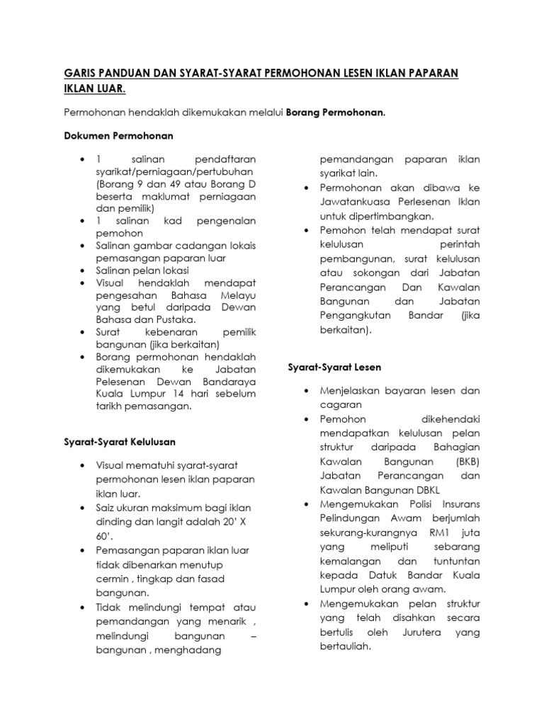 Panduan Permohonan Lesen Iklan DBKL | PDF