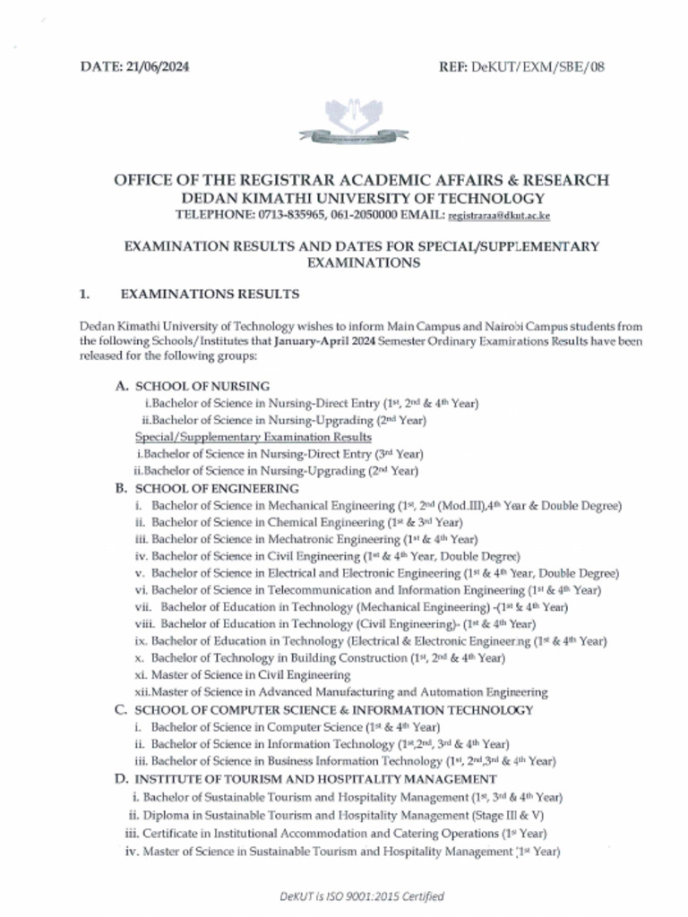 Notice to Students on Release of Examination Results and Dates for ...