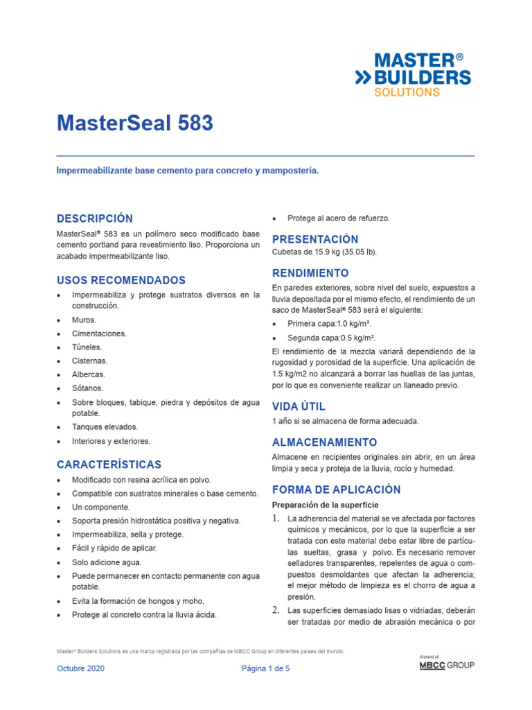 Masterseal 583 - Ficha Tecnica | PDF | Hormigón | Agua