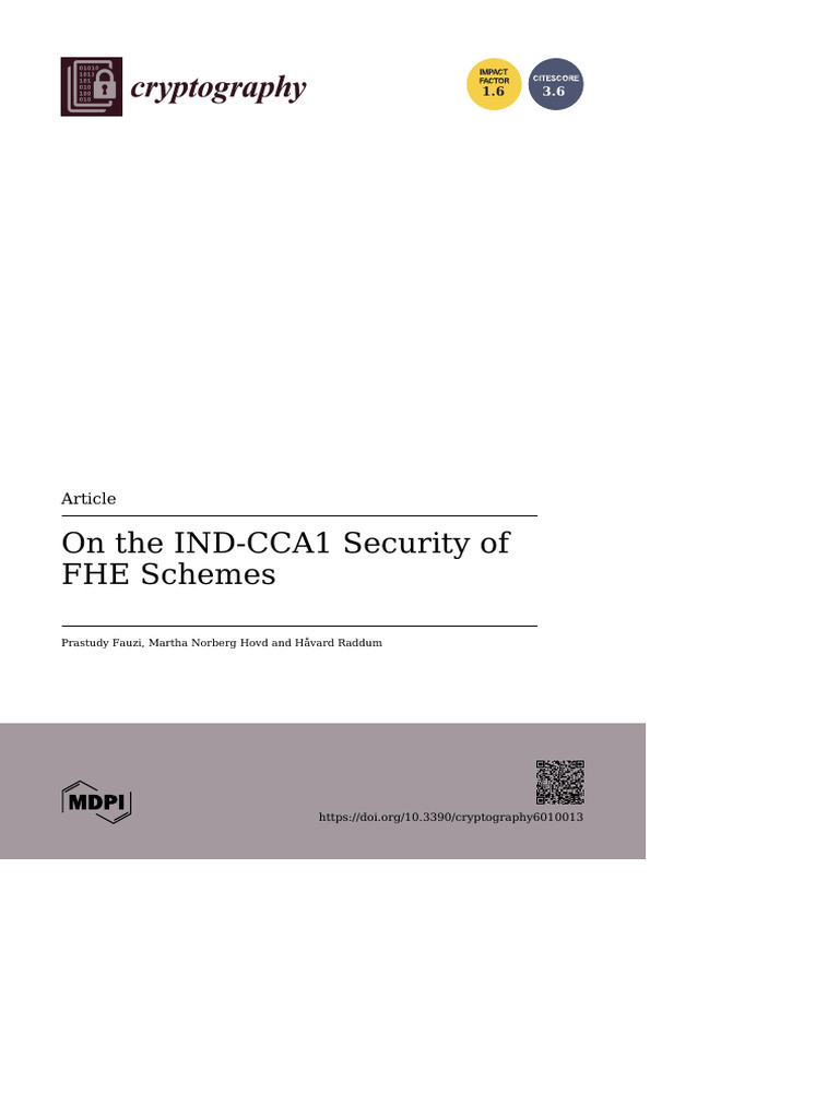 Cryptography On The IND-CCA1 Security of FHE Schemes | PDF | Encryption ...