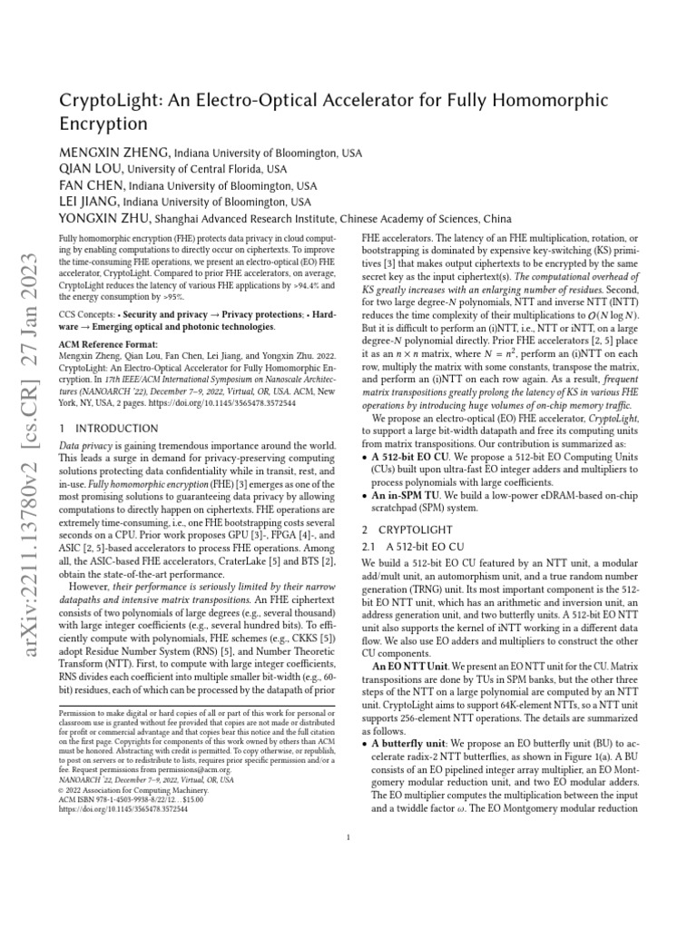 CryptoLight An Electro-Optical Accelerator For FHE | PDF | Computer ...