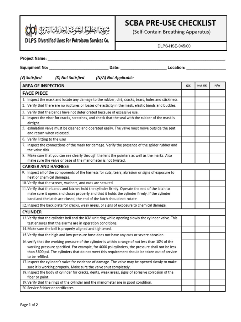 SCBA Pre-Use Inspection Checklist | PDF | Valve | Equipment