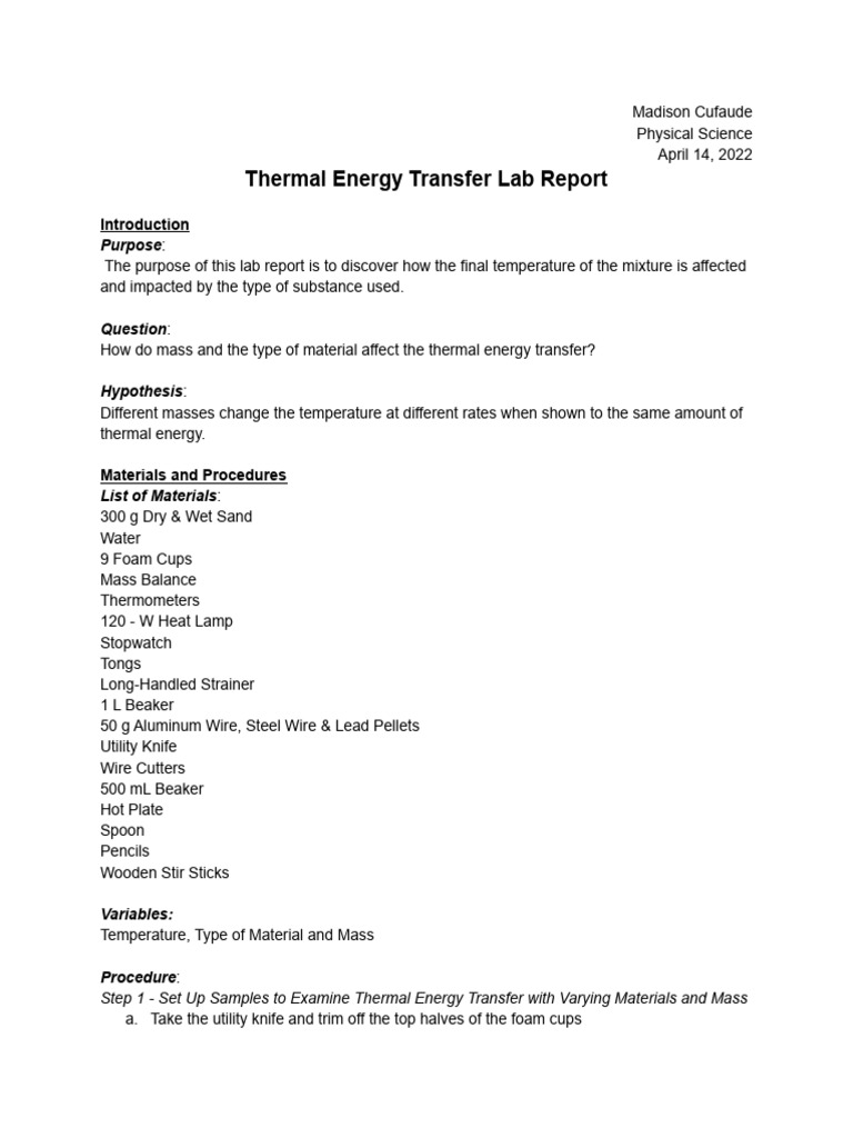 Thermal Energy Transfer Lab Report: Purpose | PDF | Temperature | Heat