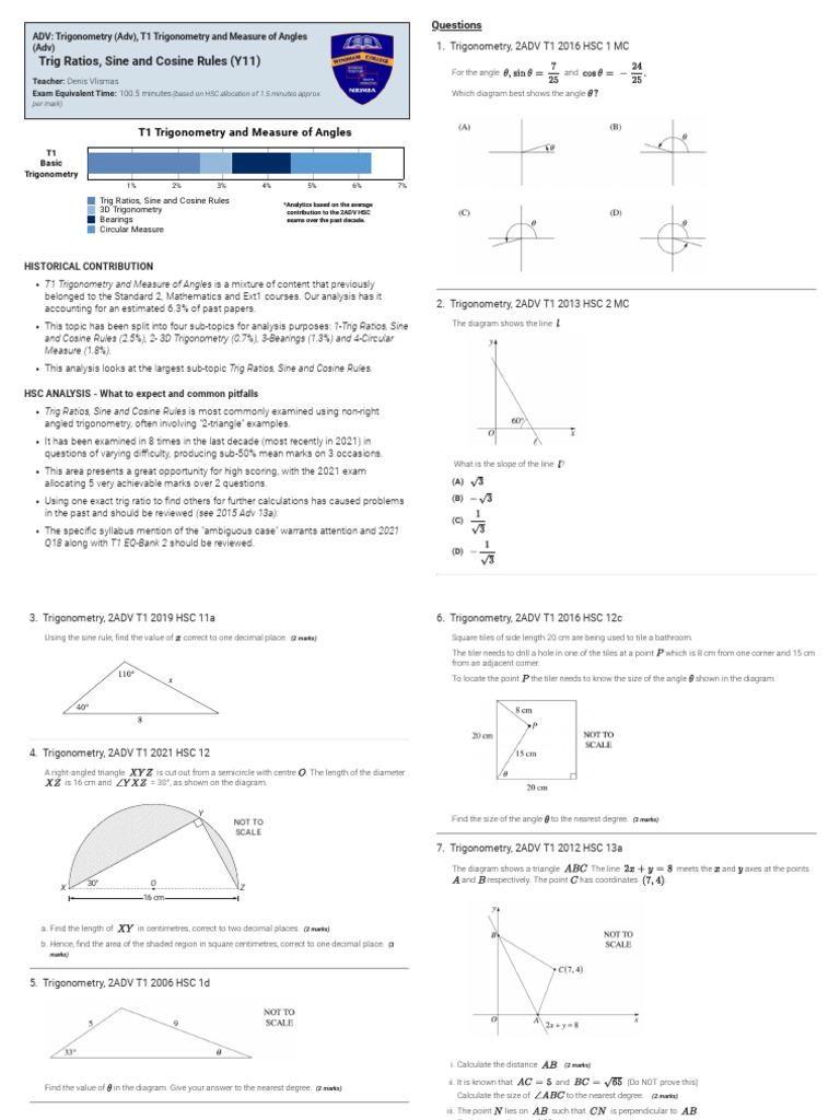 Trig Ratios, Sine and Cosine Rules (Y11) | PDF | Trigonometry ...