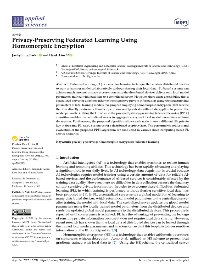 Applied Sciences Privacy Preserving Federated Learning Using