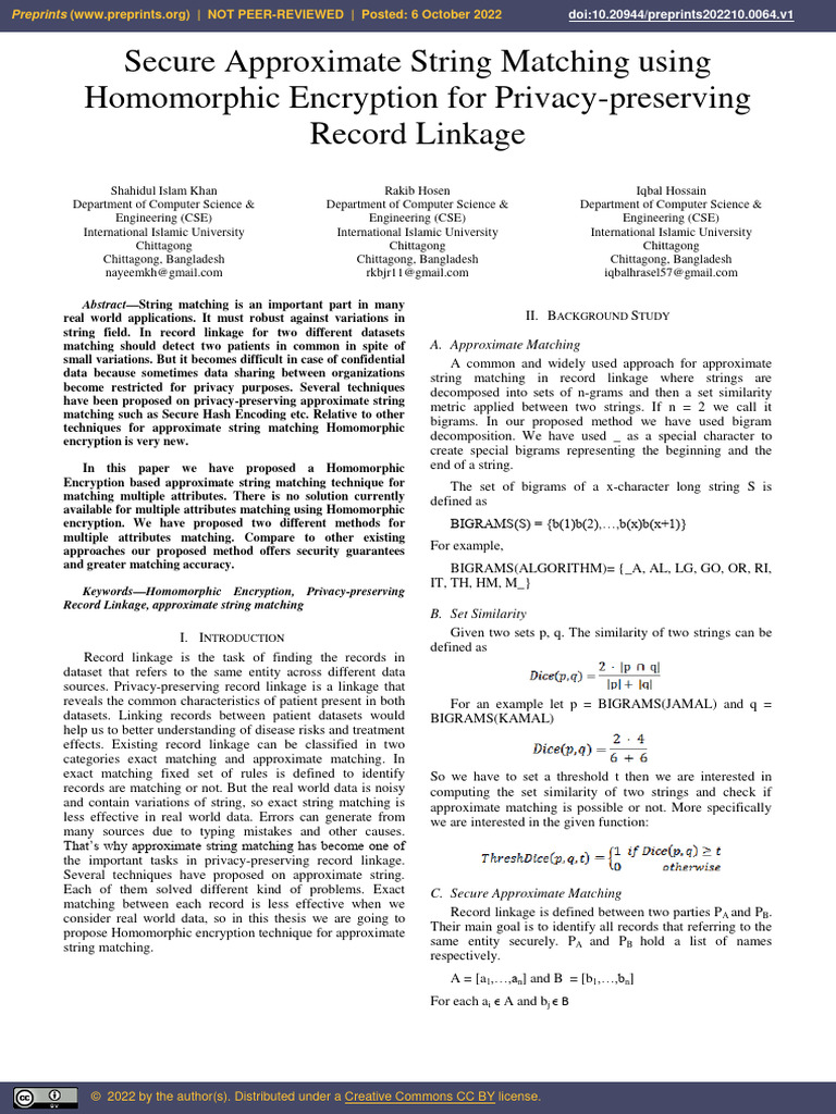 Secure Approximate String Matching Using HE For Privacy-Preserving ... Secure Approximate String Matching Using HE For Privacy-Preserving ...
