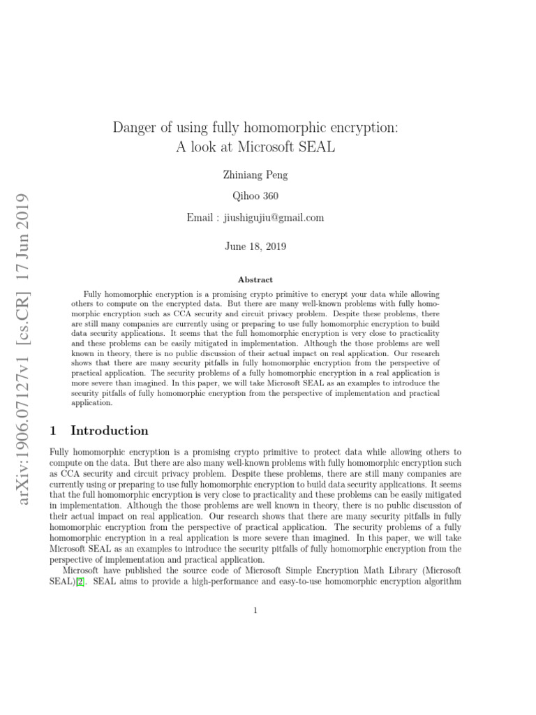 Danger of Using Fully Homomorphic Encryption A Look at Microsoft SEAL | PDF | Encryption ...