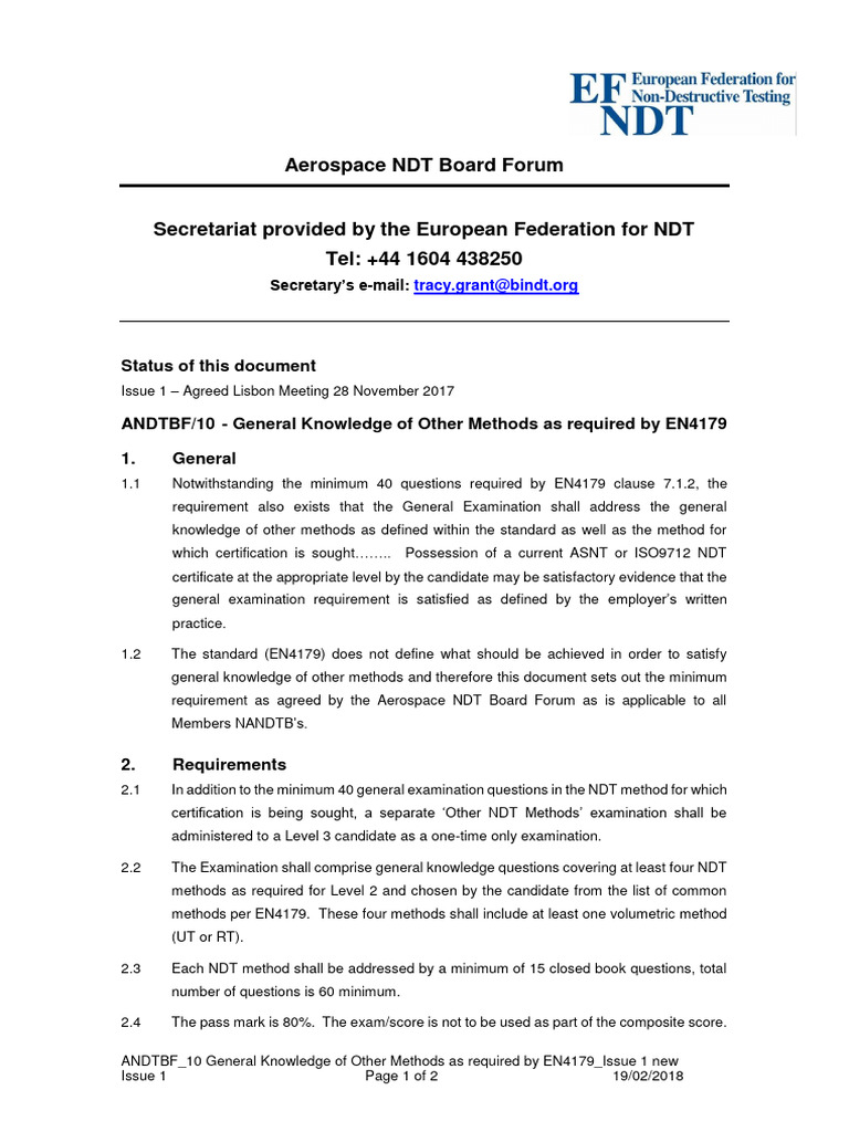 EN4179 NDT General Knowledge Requirements | PDF | Nondestructive Testing