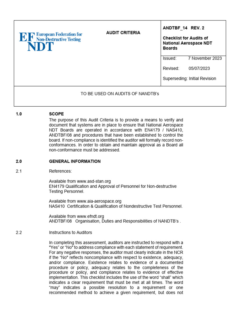 National Aerospace NDT Board Audit Checklist | PDF | Audit ...