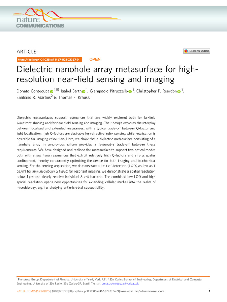2021 Dielectric Nanohole Array Metasurface For High-Resolution Near-Field Sensing and Imaging ...