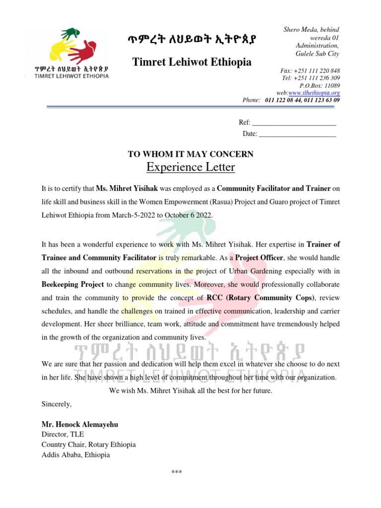 Work Experience Letter for Mihret Yisihak | PDF