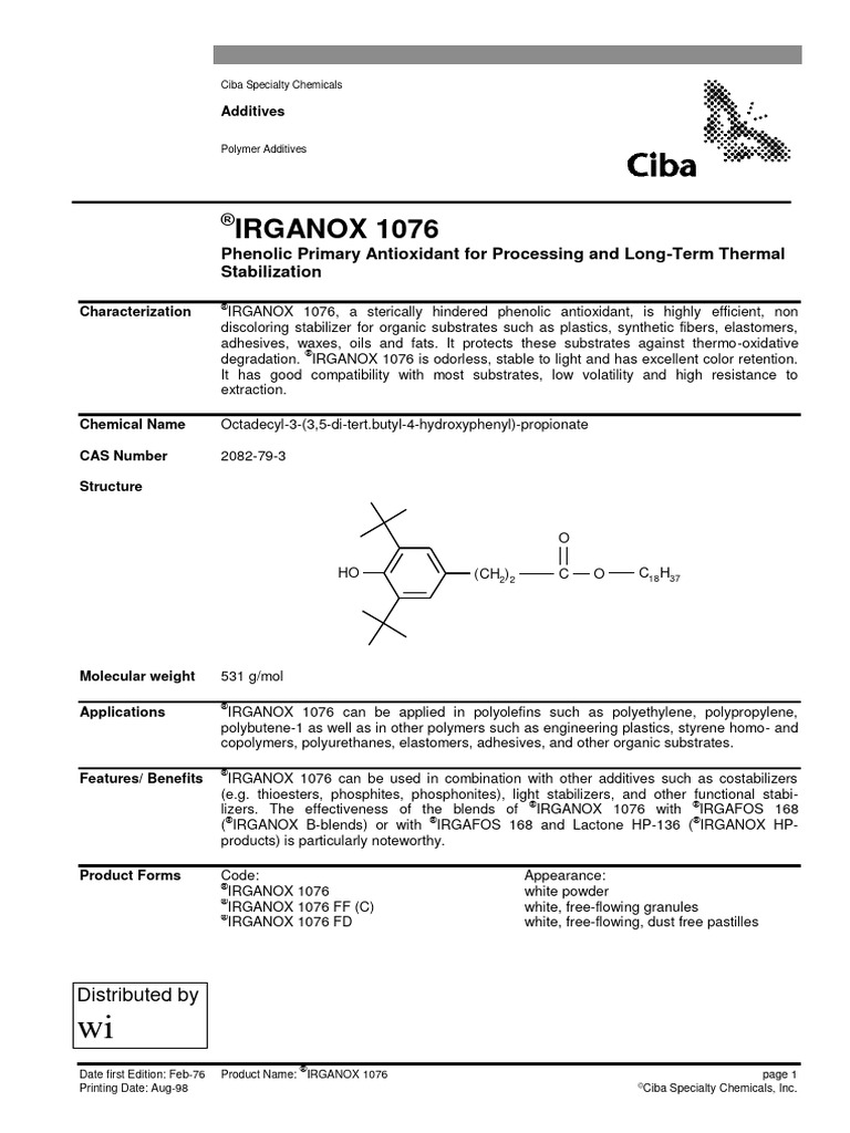 Irganox 1076 | PDF | Polymers | Plastic
