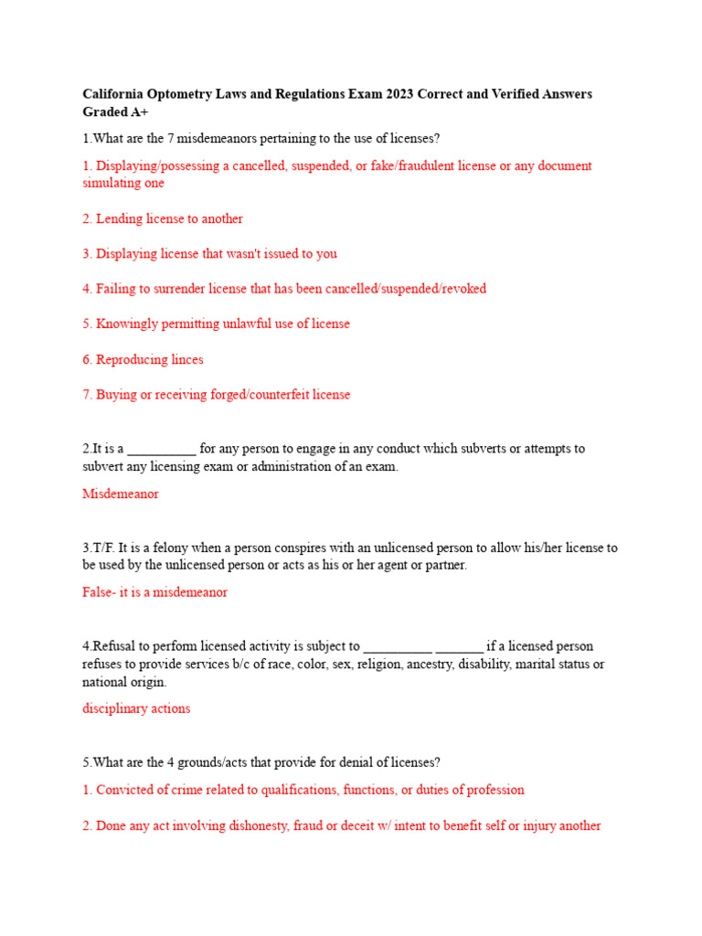 California Optometry Laws and Regulations Exam 2023 Correct and ...