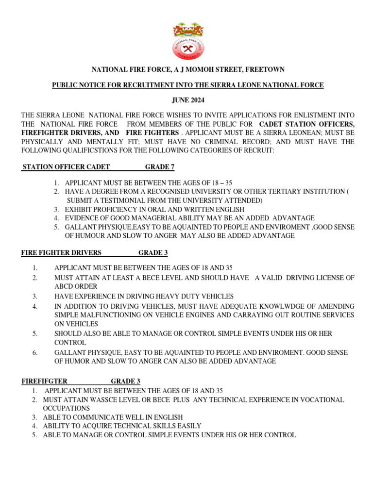 National Fire Force Recruitment Public Notice (Vacancy) 2024 | PDF ...