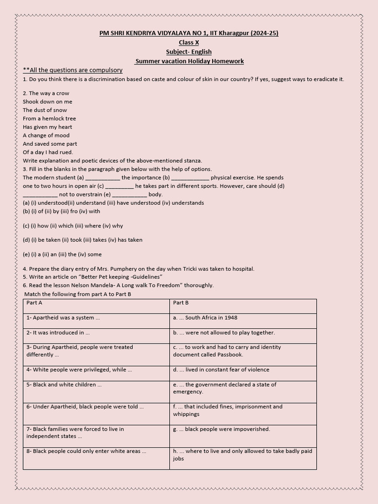 Summer Vacation HHW X ENGLISH | PDF | Poetry | Apartheid