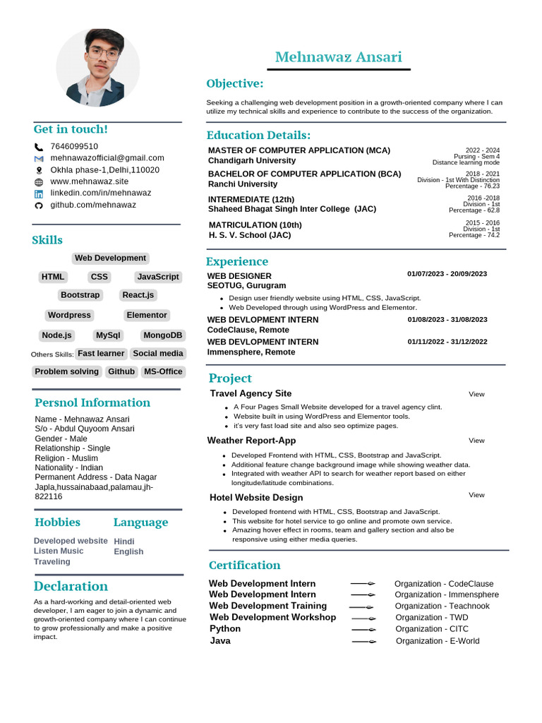 Mehnawaz Ansari Resume (3) (1) | PDF | Web Development | World Wide Web