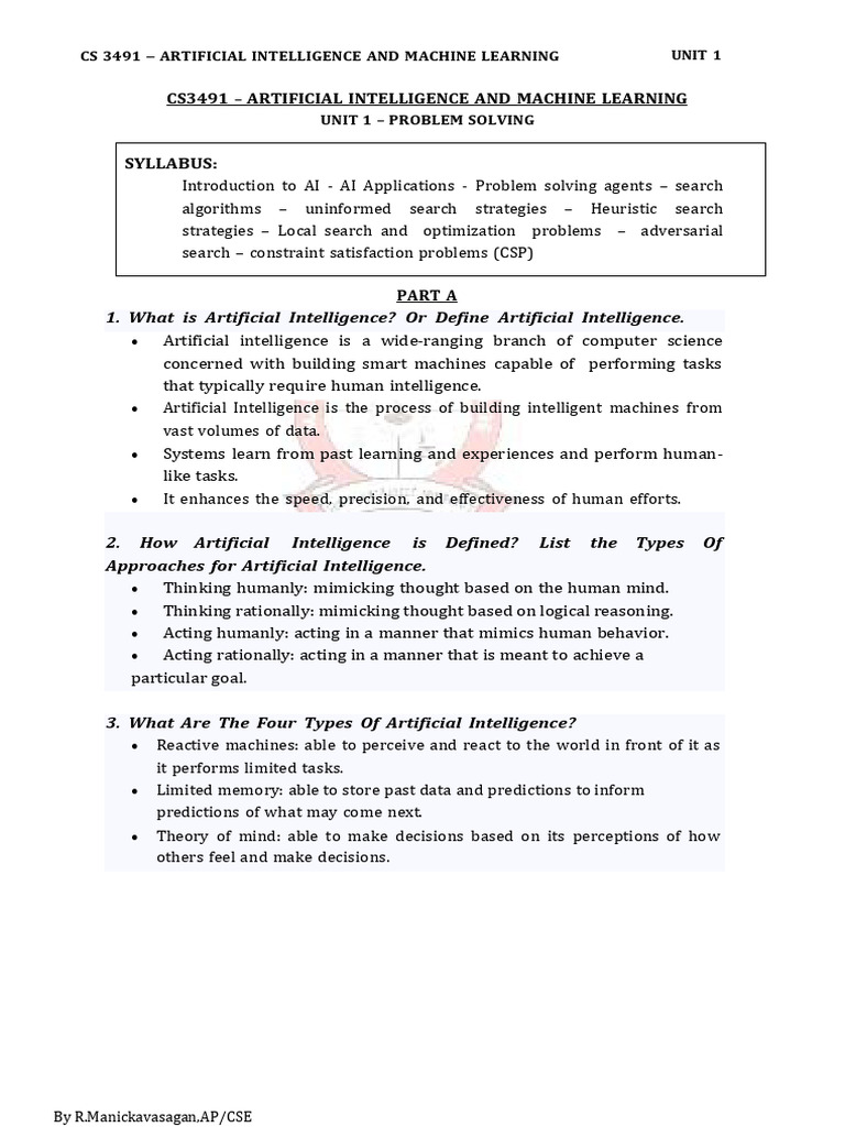 Cs3491-Artificial Intelligence and Machine Learning-819461728-Ai Unit 1 | PDF | Artificial ...
