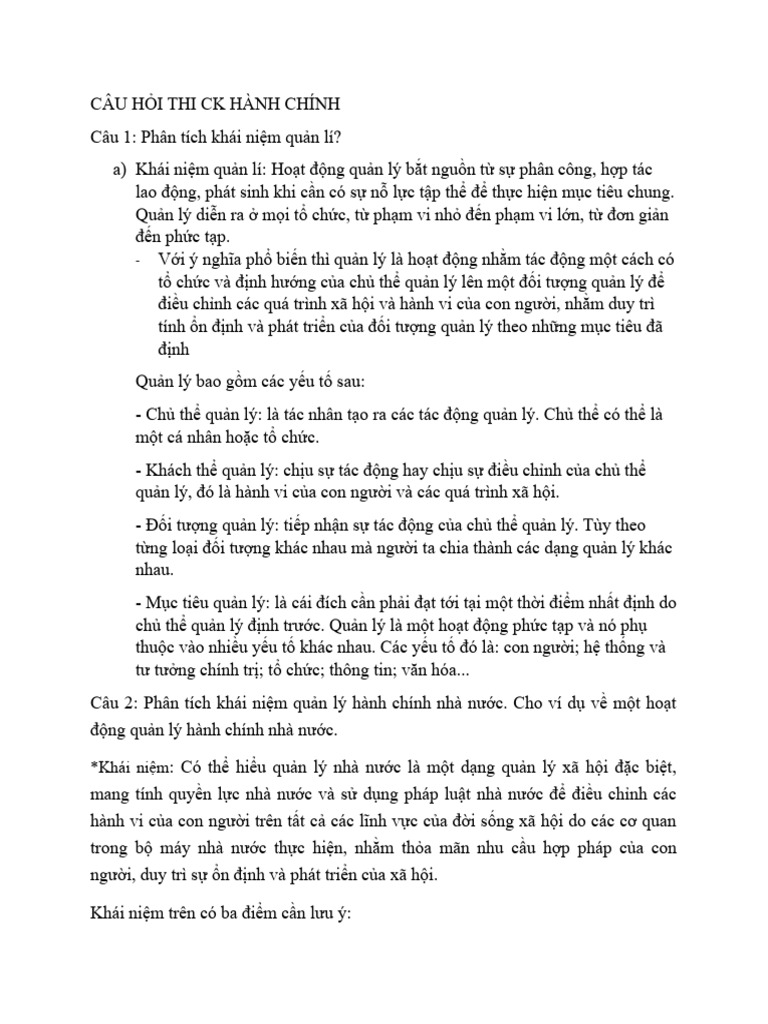 Câu Hỏi Thi Ck Hành Chính | PDF