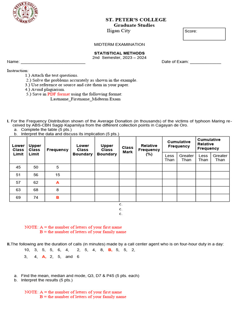 Statistics Midterm Exam 2 | PDF | Mean | Median
