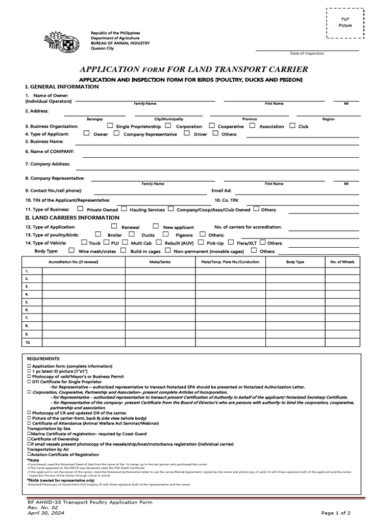 Poultry Transport Application Form RF AHWD-33 | PDF