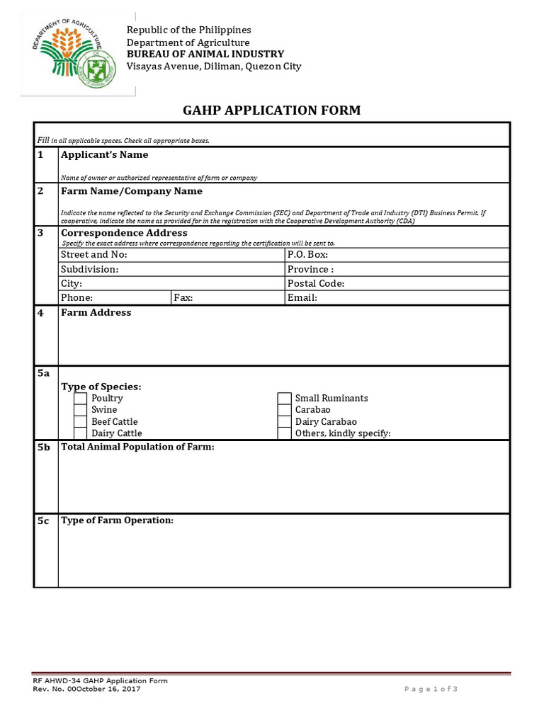 GAHP Application Form for Farms | PDF | Veterinary Medicine | Farms