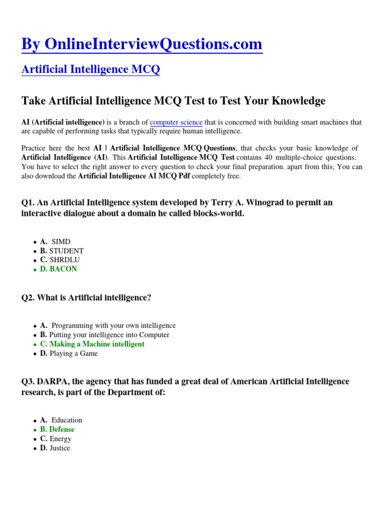 Artificial Intelligence MCQ | PDF | Artificial Intelligence | Intelligence (AI) & Semantics